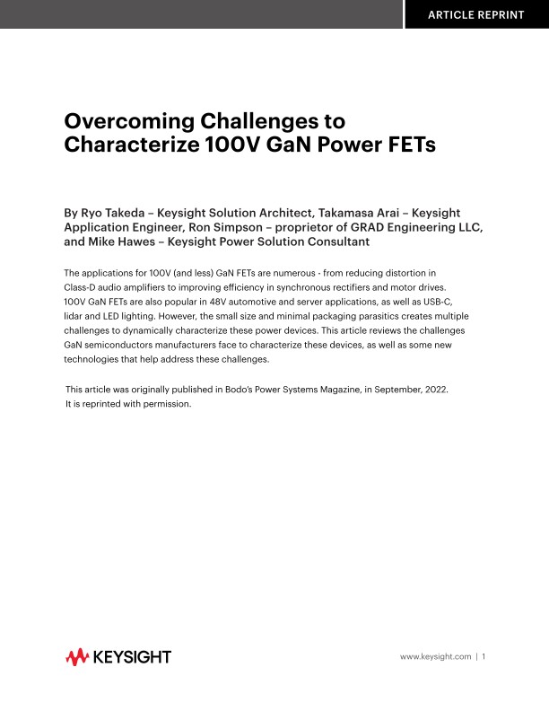 Overcoming Challenges to Characterize 100V GaN Power FETs PDF Asset Page | Keysight